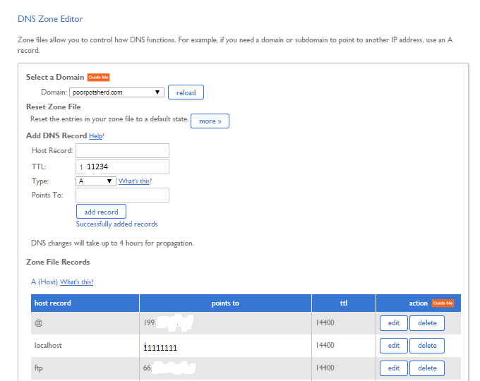 Bluehost Zone DNS Zone Editor